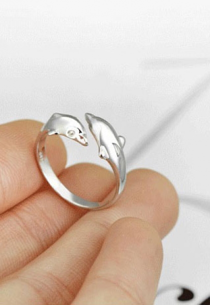 Cute Sweet Silver Dolphin Wrap-Around Ring