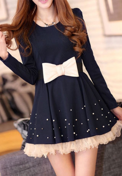 British Style Elegant Lace Spliced Bowknot Beaded Dress