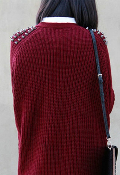 Cool Punk Style Rivet Pure Color Long Knit Cardigan