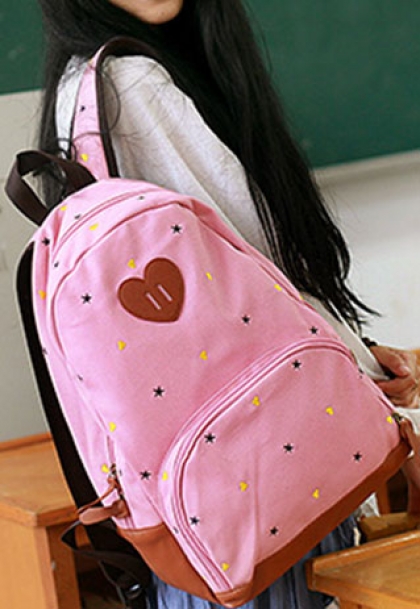 Sweet Cute Star Heart Embroidered Canvas Backpack