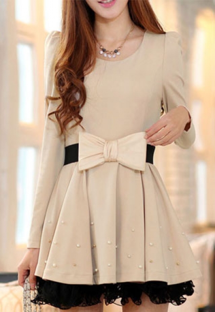 British Style Elegant Lace Spliced Bowknot Beaded Dress