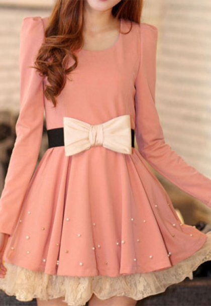 British Style Elegant Lace Spliced Bowknot Beaded Dress