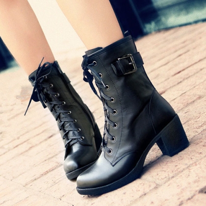 European Style Pure Color Zip Lace-up Boots
