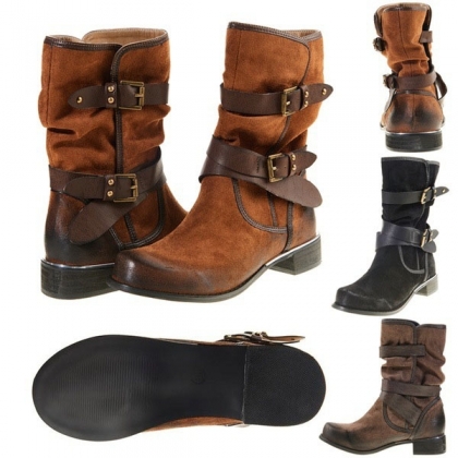 Retro Style Flat Heel Round Toe Buckle Strap Boots