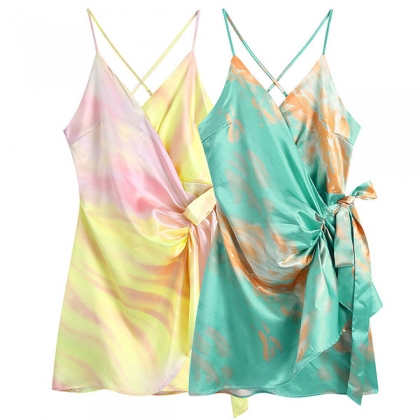 Sexy V-neck Slim Fit Colorful Print Sling Dress