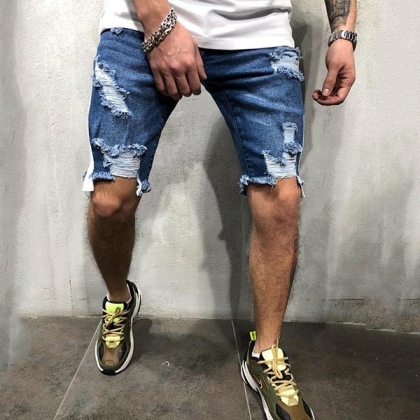 Fashion Middle-waist Ripped Man's Knee-length Denim Shorts