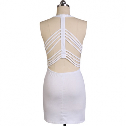 Sexy Backless Deep V-neck Solid Color Party Dress