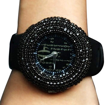 European Style Cool Bling Rhinestone Black Round Watch