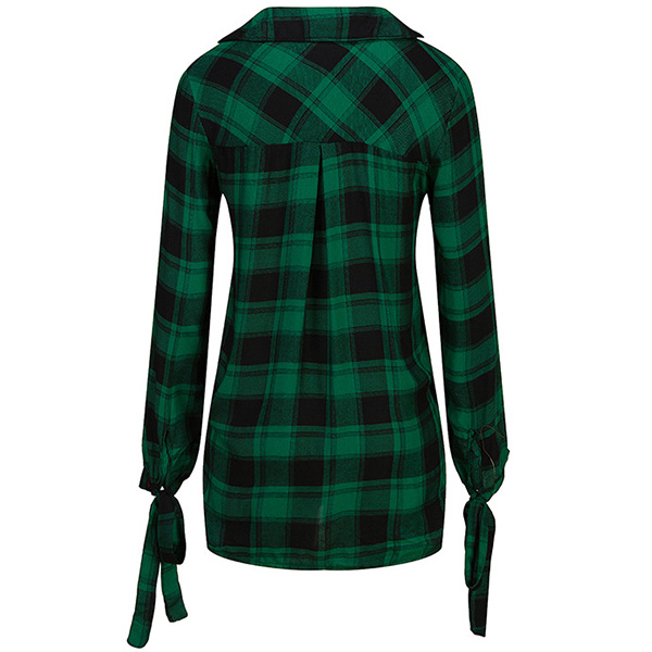 Fashion Long Sleeve V-neck Irregular Hem Plaid Blouse