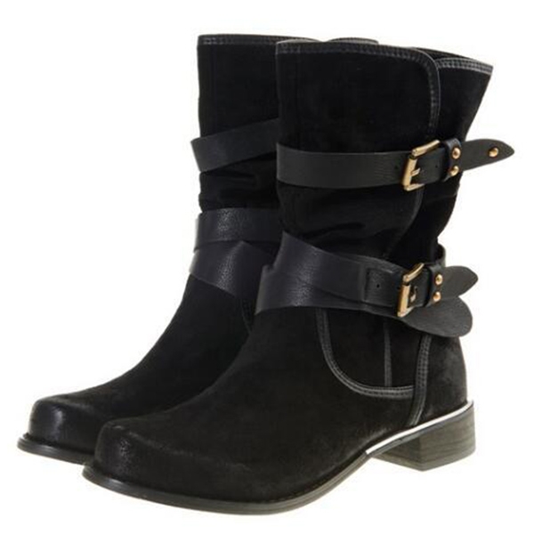Retro Style Flat Heel Round Toe Buckle Strap Boots