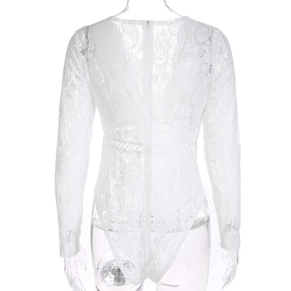 Sexy Deep V-neck Long Sleeve Solid Color Lace Bodysuit
