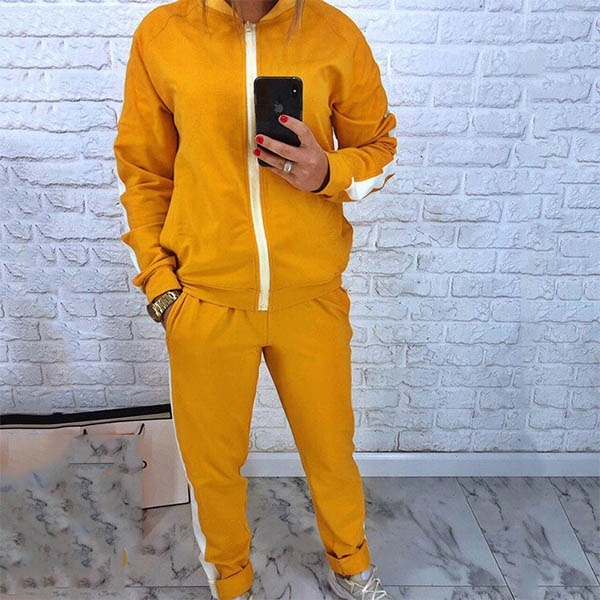 Fashion Contrast Color Sweatshirt Coat + Pants Two-piece Set