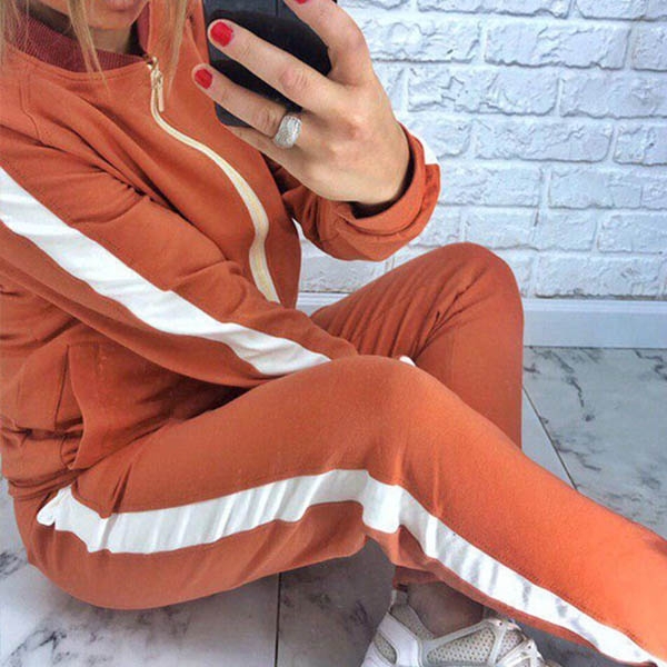 Fashion Contrast Color Sweatshirt Coat + Pants Two-piece Set