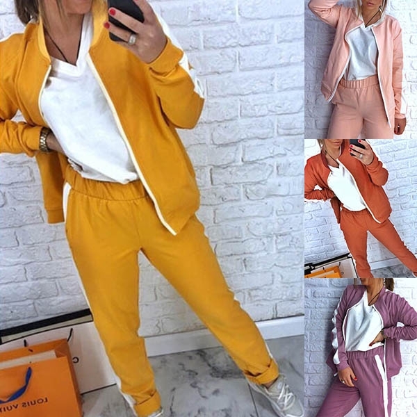 Fashion Contrast Color Sweatshirt Coat + Pants Two-piece Set