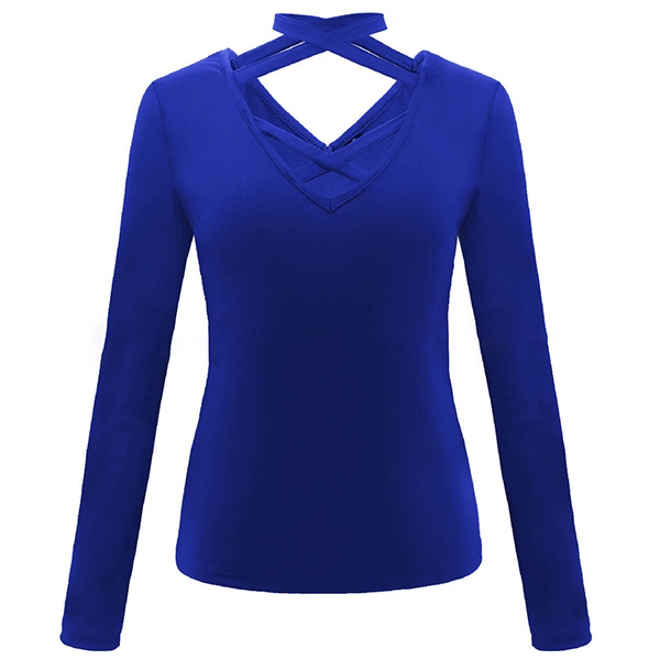 Fashion Solid Color Long Sleeve V-neck Crossover Halter T-shirt