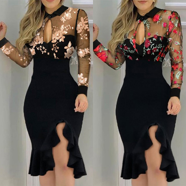 Sexy See-through Gauze Embroidered Spliced Long Sleeve Slim Fit Dress